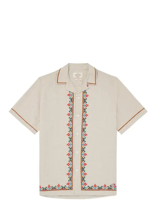 Portuguese Flannel Convertible-collar Embroidered Linen And Cotton-blend Shirt - Neutrals