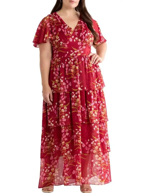 SUGARLIPS Ginnie Amabel Tiered Maxi Dress - Burgundy-multi