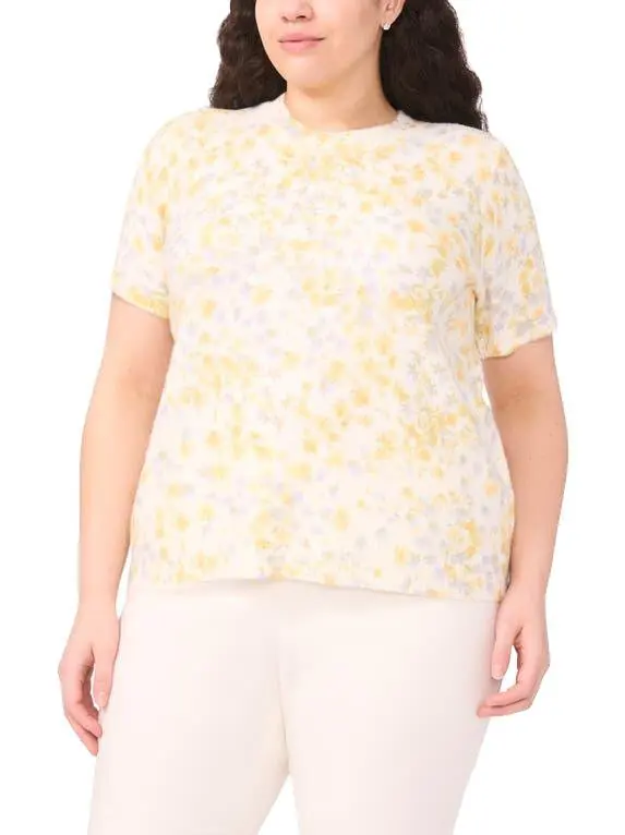 Halogen Floral Print Short Sleeve Crewneck Sweater - New Ivory