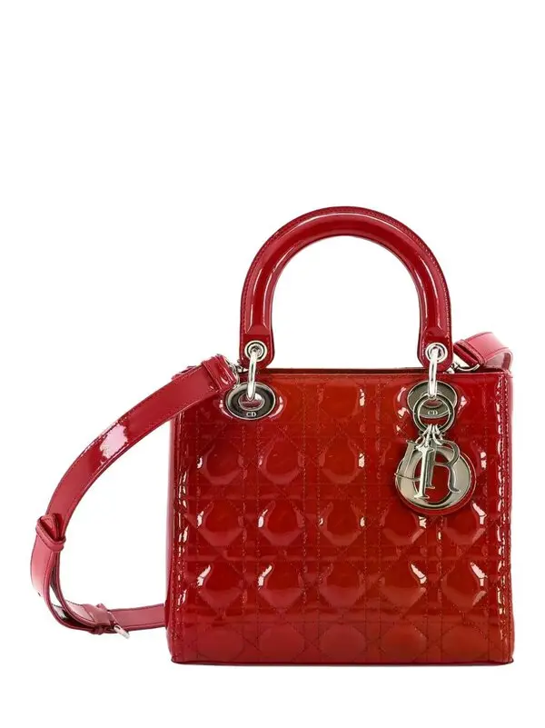 Dior Lady Medium Satchel Cannage Quilt Patent - Red