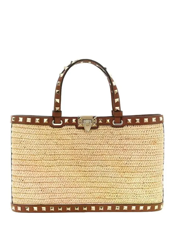 Valentino Garavani Rockstud Woven Raffia Tote Bag - Neutrals