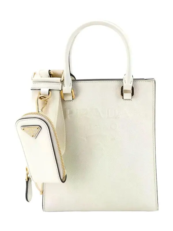 Prada Lux Embossed Logo Tote Saffiano Leather Small Shoulder Bag - White