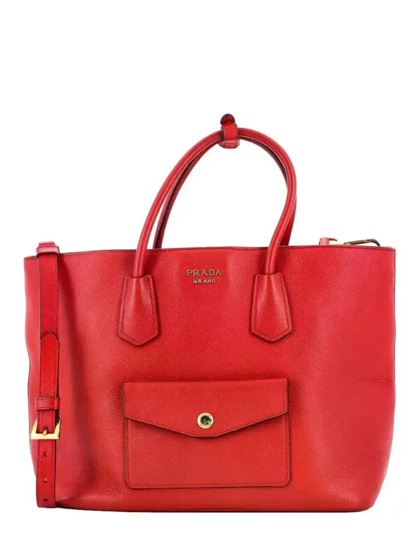 Prada Front Pocket Convertible Saffiano Leather Tote Bag - Red