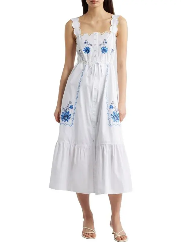 Moon River Floral Embroidered Cotton Dress - Off White/blue