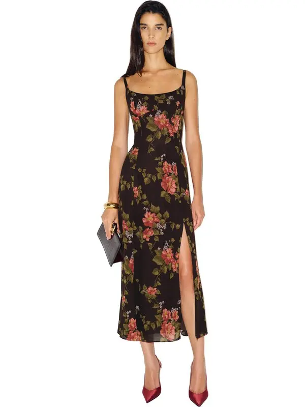 REFORMATION Ailany Floral Print Midi Dress With High Slit - Brown