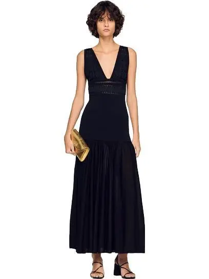 Sandro Ruffled Knit Maxi Dress - Black