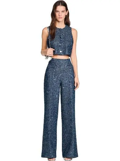 Sandro Sequin Embellished High-waisted Wide-leg Trousers - Blue / Navy