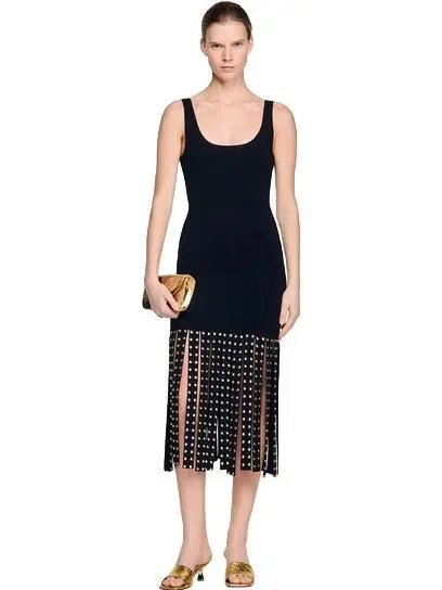 Sandro Fringed Knit Midi Dress - Black