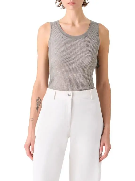 Akris Mesh Front Silk Sweater Tank - Taupe White