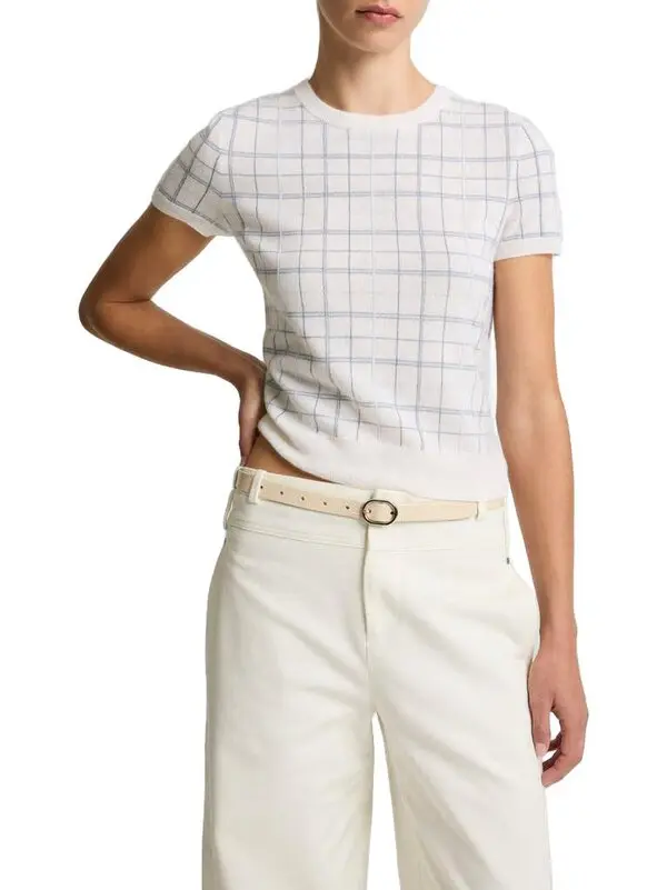 Vince Plaid Short Sleeve Cashmere Top - Lagoon Combo