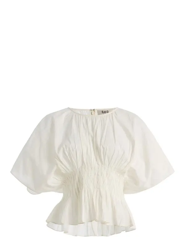 Sea Violet Gathered Ramie Top - White