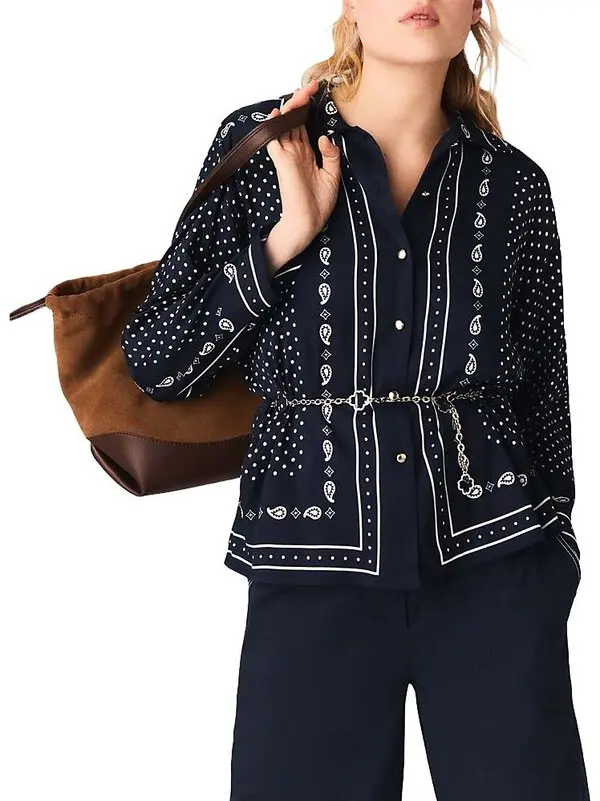 Maje Bandana Print Chain Belt Shirt - Navy Polka Dot Bandana Print
