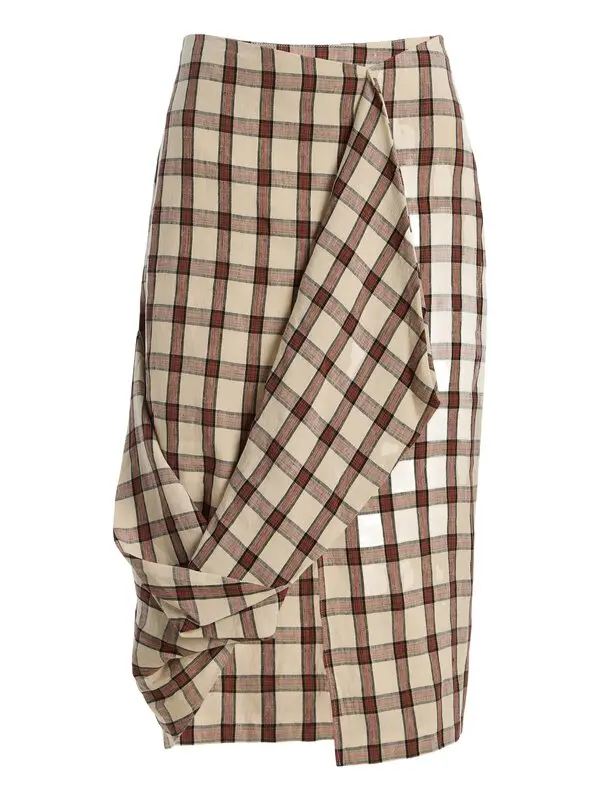 RÓHE Draped Checked Linen Skirt - Plaid