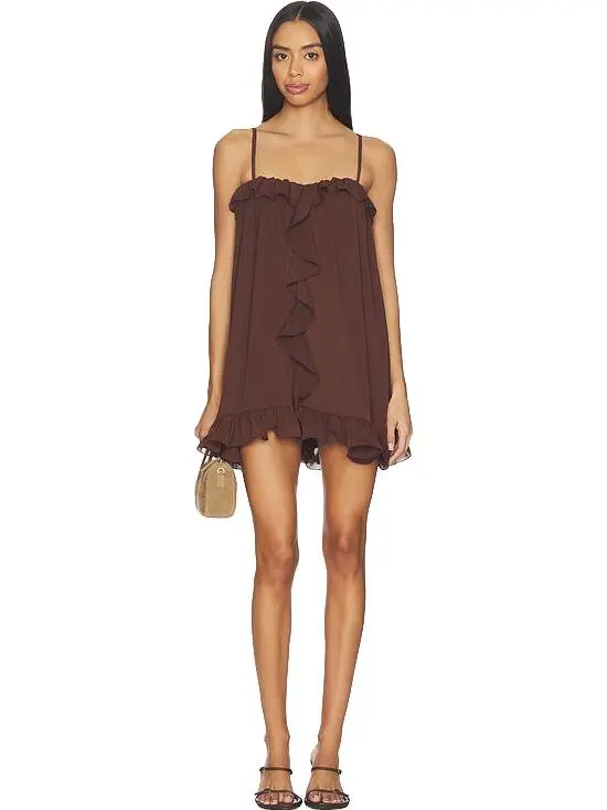 RUNAWAY THE LABEL Kristia Flounce Ruffle Mini Dress - Bitter Chocolate
