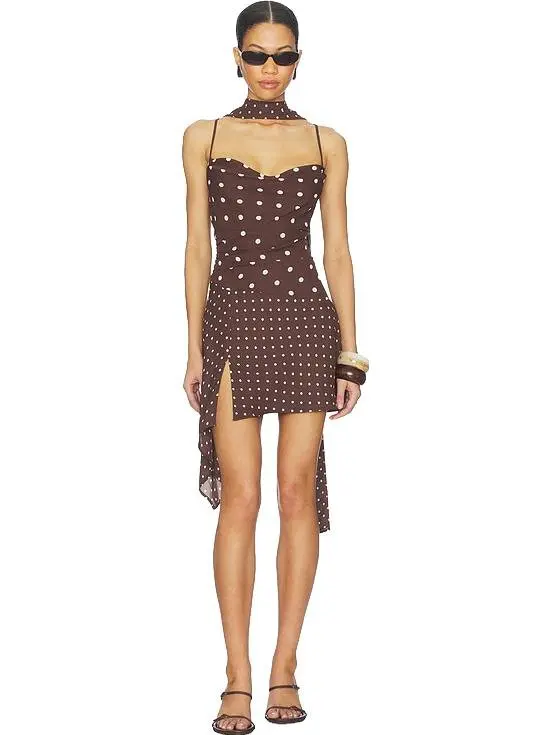 RUNAWAY THE LABEL Alora Scoop Neck Mini Dress - Choc & Lemon Polka