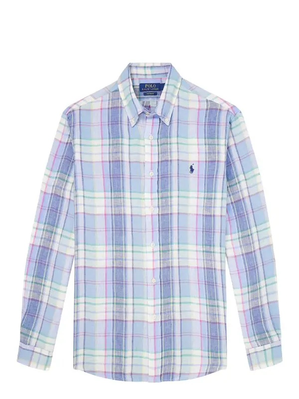Polo Ralph Lauren Button-down Collar Logo-embroidered Checked Linen Shirt - Blue