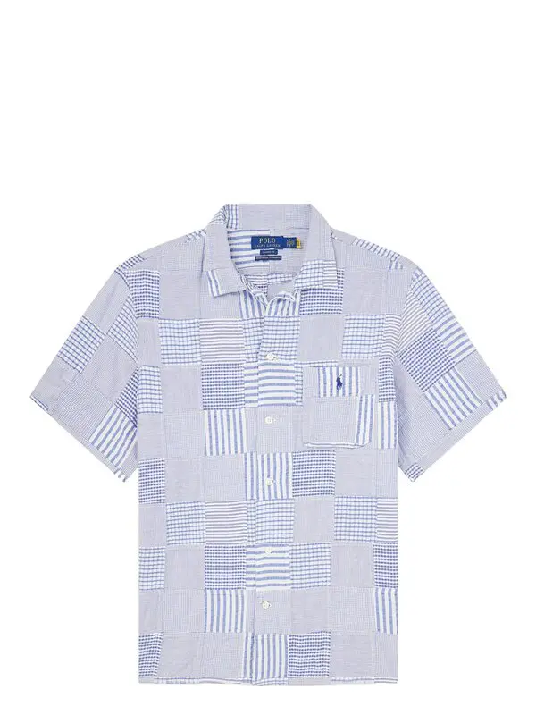Polo Ralph Lauren Convertible-collar Logo-embroidered Patchwork Cotton-seersucker Shirt - Blue