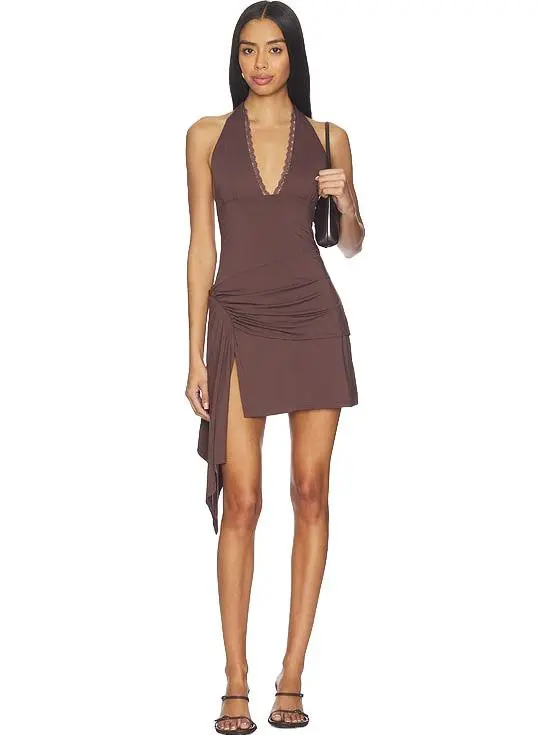 RUNAWAY THE LABEL V-neck Halter Mini Dress With Knot Accent - Chocolate