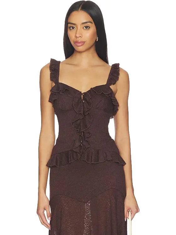RUNAWAY THE LABEL Roxelle Ruffle Split Front Top - Chocolate