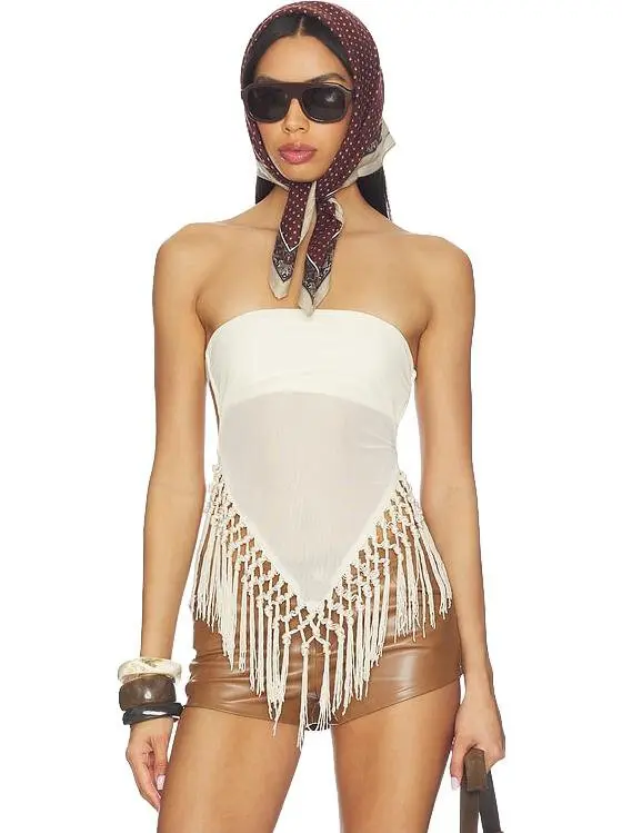 MORE TO COME Shion Top With Fringe Trim - Cream