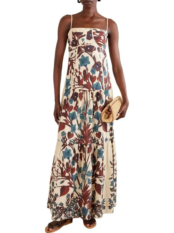 Johanna Ortiz Simbolico Open-back Tiered Floral-print Cotton-poplin Maxi Dress - Multi
