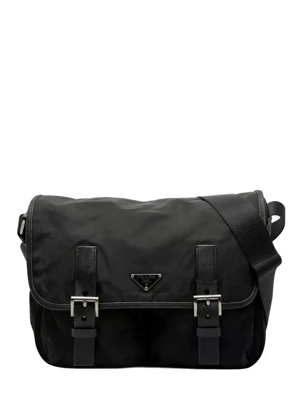 Prada 2000-2013 Tessuto Double Buckle Messenger Crossbody Bag - Black