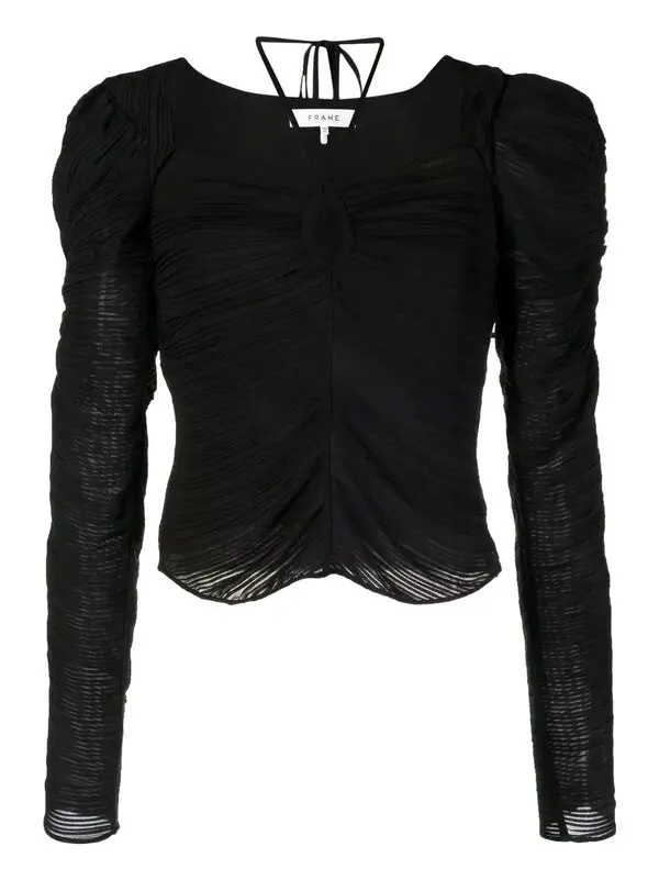 FRAME Gathered Keyhole Tie-neck Top - Black