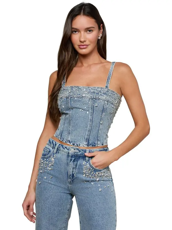 L'Agence Arlin Embellished Denim Tank Top - Malibu