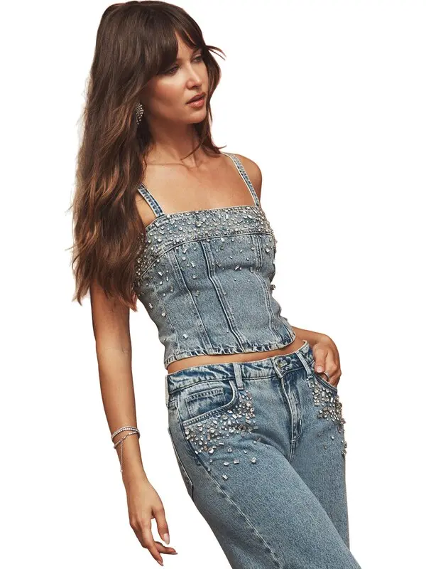 L'Agence Arlin Embellished Denim Tank Top - Malibu