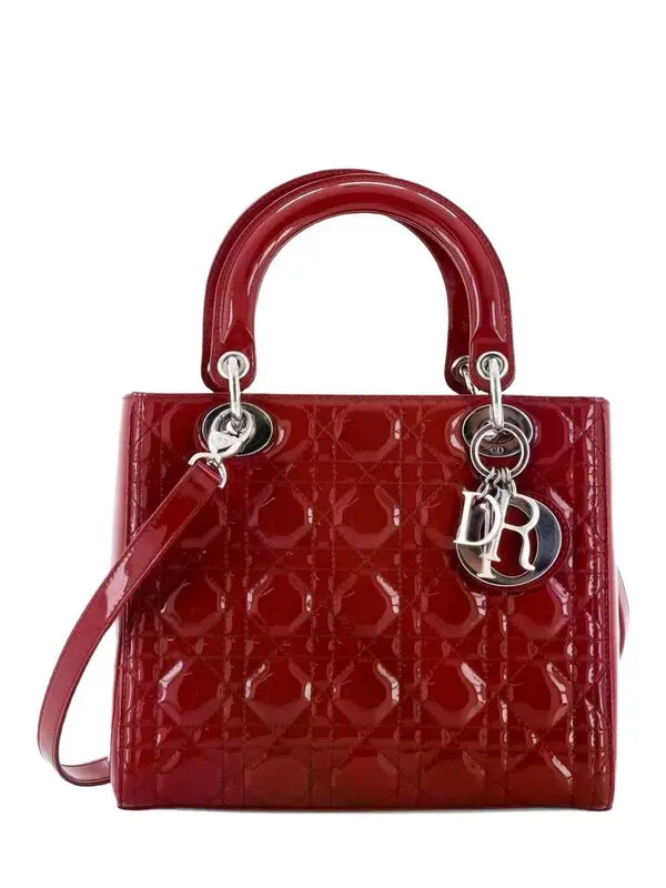 Dior Lady Medium Satchel Cannage Quilt Patent - Red