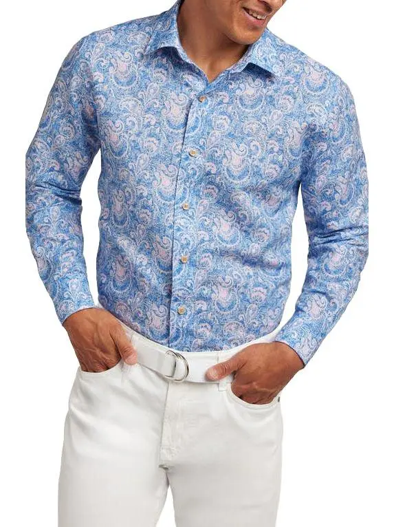 David Donahue Paisley Long Sleeve Linen & Pima Cotton Button-up Shirt - Navy/pink