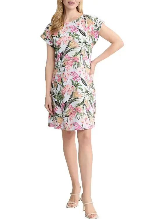 Jones New York Floral Linen Blend Shift Dress - White Sand Multi