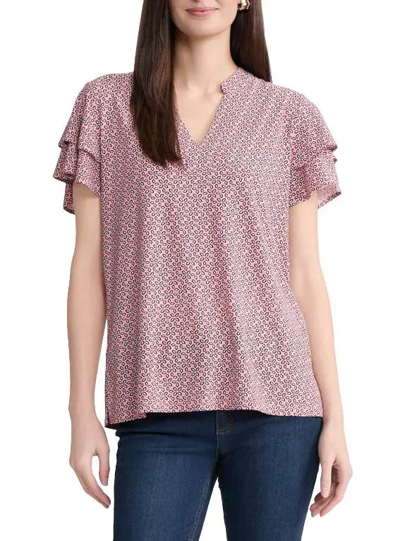 Jones New York Floral Flutter Sleeve Top - Coral Canyon Multi