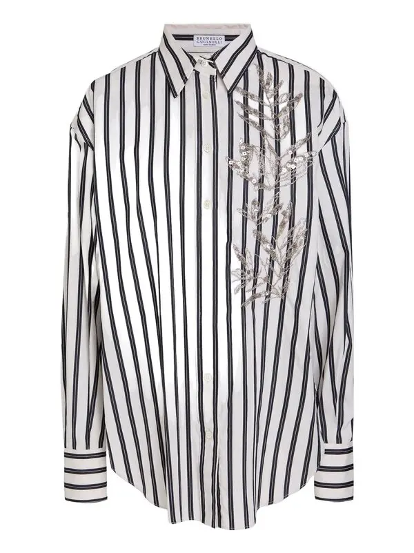 Brunello Cucinelli Embellished Striped Cotton And Silk-blend Shirt - Ecru