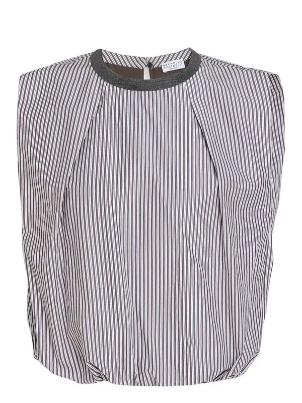 Brunello Cucinelli Striped Cotton-poplin Top With Bead Embellishment - Chocolate