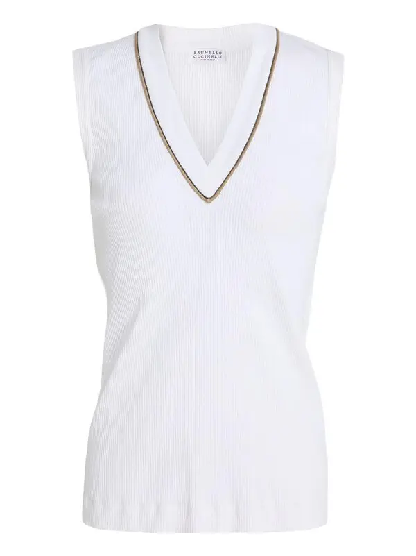 Brunello Cucinelli Bead-embellished Ribbed Stretch-cotton Jersey Top - White