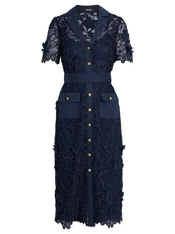 Badgley Mischka Guipure Lace Midi Shirt Dress - Navy