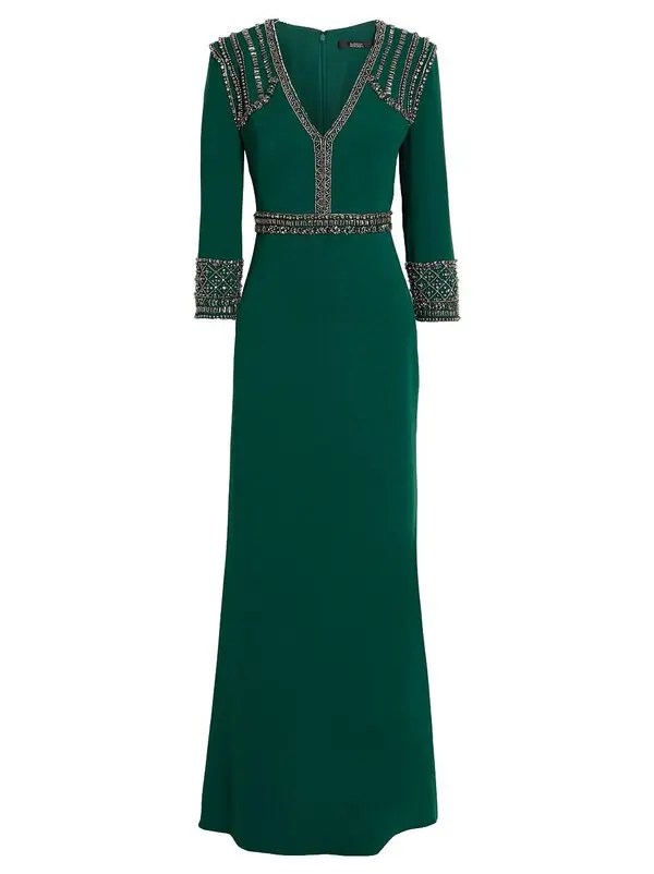 Badgley Mischka Embellished Crepe Gown - Dark Green