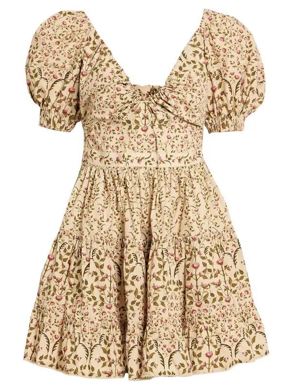 Agua Bendita Manzanilla Sueño Floral Mini Dress - Beige