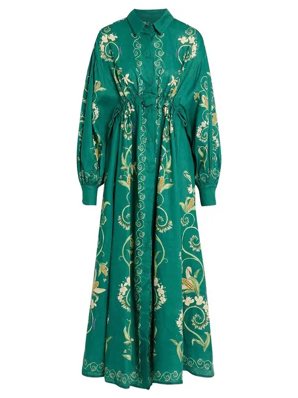 Agua Bendita Taos Esmeralda Printed Linen Maxi Shirt Dress - Emerald