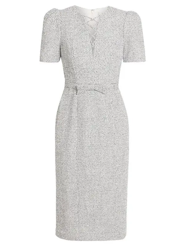 Badgley Mischka Belted Tweed Midi Dress - White
