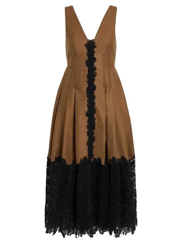 KIKA VARGAS Wool-twill And Guipure Lace Midi Dress - Brown