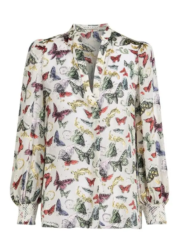 Alice + Olivia Sheila Printed Fil Coupé Chiffon Blouse - Light Gray