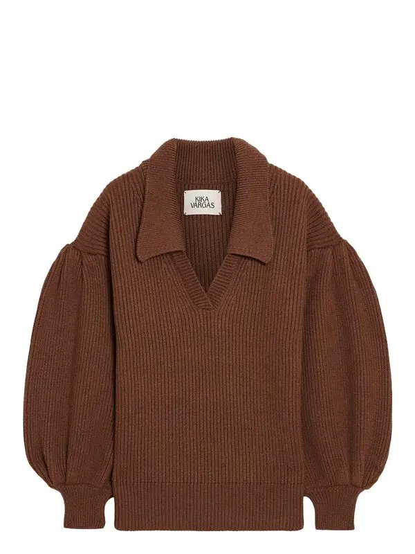 KIKA VARGAS Greta Ribbed Merino Wool Polo Sweater - Chocolate