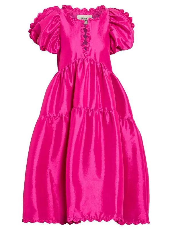 KIKA VARGAS Leana Tiered Silk-blend Taffeta Midi Dress - Fuchsia