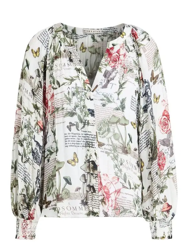 Alice + Olivia Thalia Printed Georgette Blouse - Grey Green