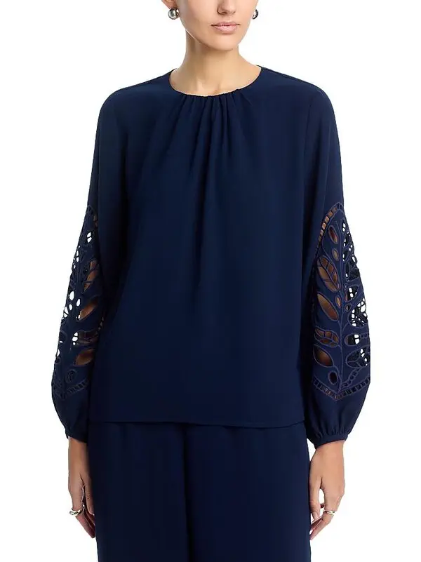 T Tahari Embroidered Sleeve Crewneck Blouse - Navy