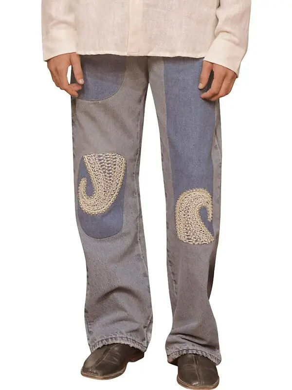 KARTIK RESEARCH Chikankari Denim Jeans - Washed Indigo/ecru