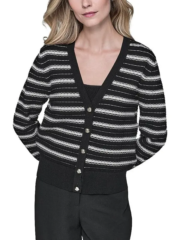 Karl Lagerfeld Paris Striped V-neck Cardigan - Black/ Bisque