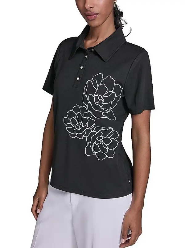Karl Lagerfeld Paris Floral Embroidered Polo Top - Black